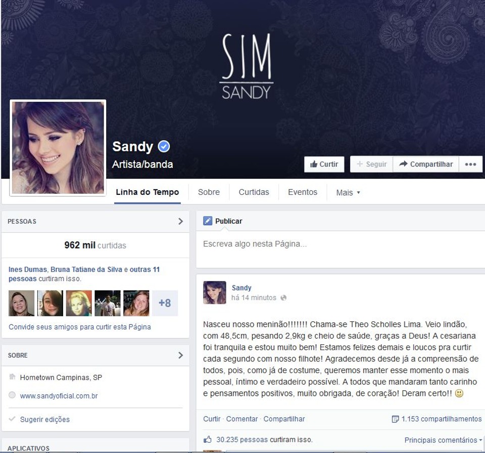 Nasce Theo, filho da cantora Sandy