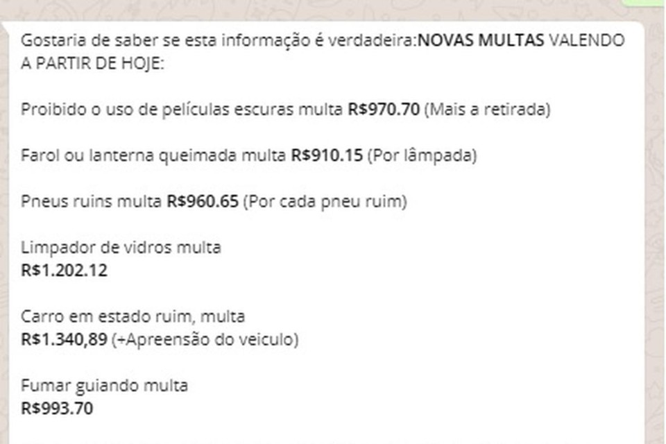 Multa de trânsito: texto no WhatsApp dos novos valores é fato ou fake?
