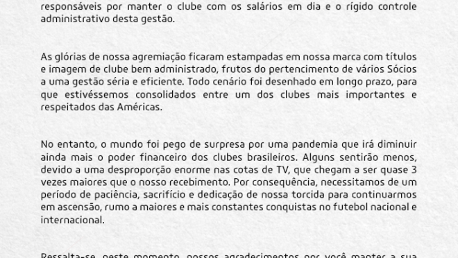 Em carta aos sócios, Athletico pede “paciência, sacrifício e dedicação"